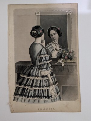 Antique 1856 Godey's Hand Colored Engraving Reflection Beautiful Lady ...