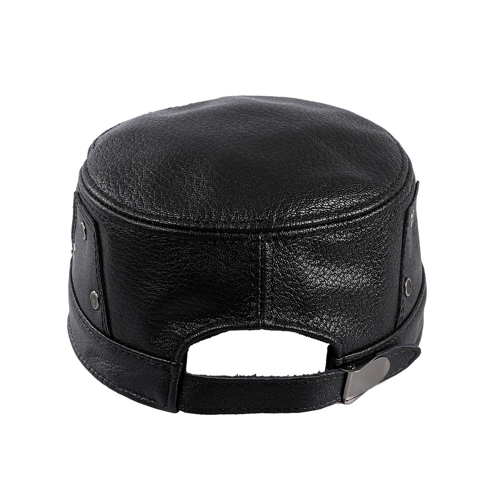 Men's Flat Top Cap Real Sheepskin Leather Military Style Caps Cadet ...