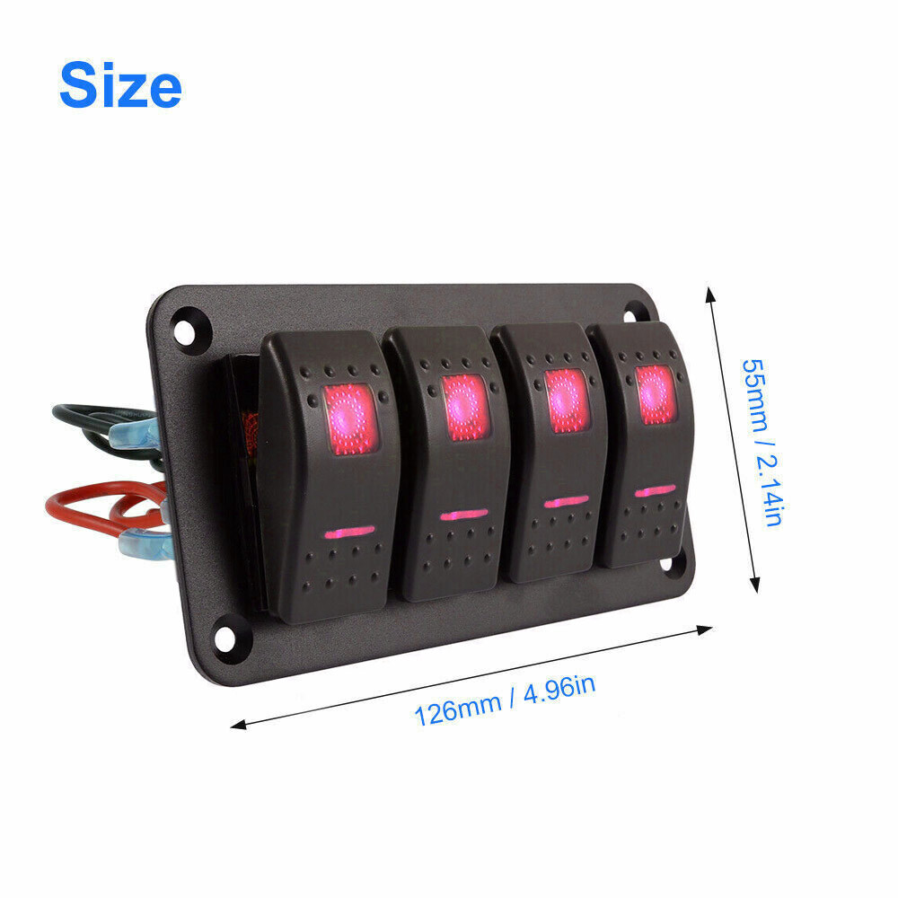 4 Gang Rocker Switch Panel Red LED Waterproof Breakers Car Marine Boat ...