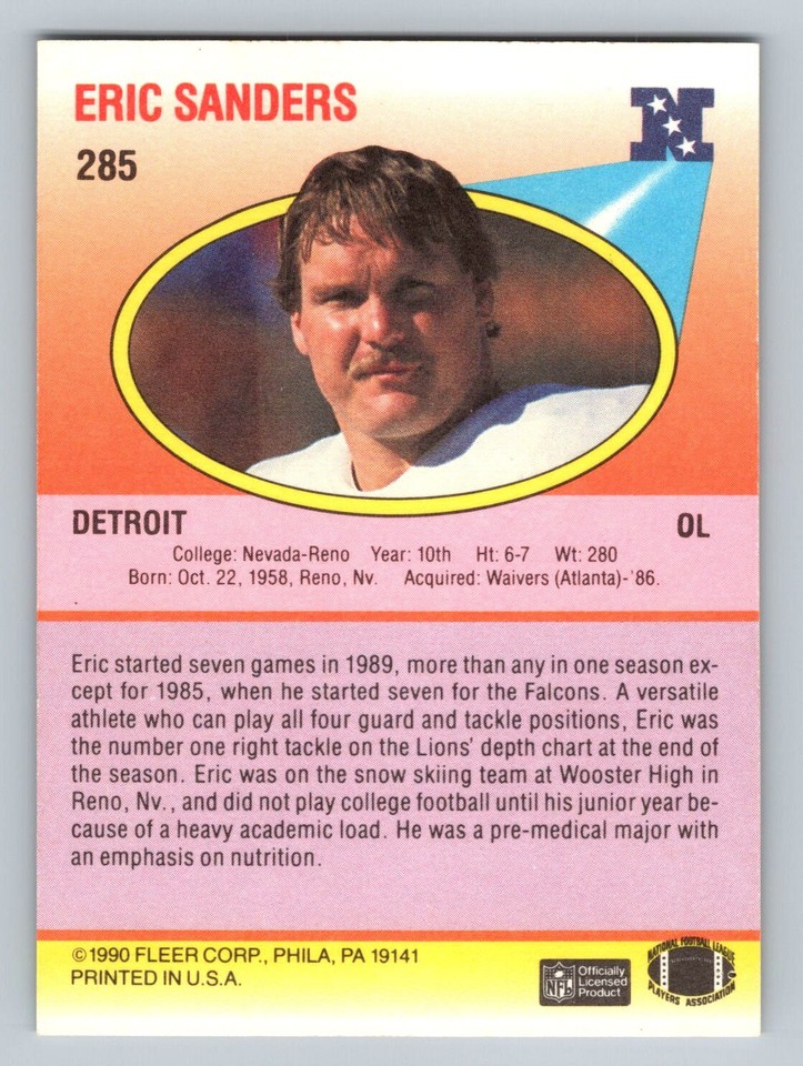 1990 Fleer #285 Eric Sanders RC Rookie Detroit Lions | eBay