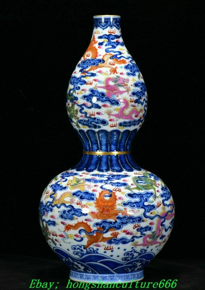 13"Old Qing Qianlong Blue White Color Porcelain Dragon Gourd Vase ...
