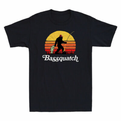 Bigfoot T-Shirt Fishing Men's Top Graphic Retro Funny Bassquatch Sunset ...