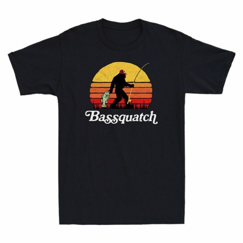 Bigfoot T-Shirt Fishing Men's Top Graphic Retro Funny Bassquatch Sunset ...