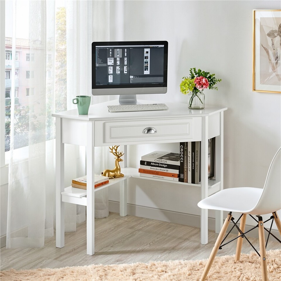 Corner Computer Desk Dressing Table w/Storage Drawer & Shelves for Home ...