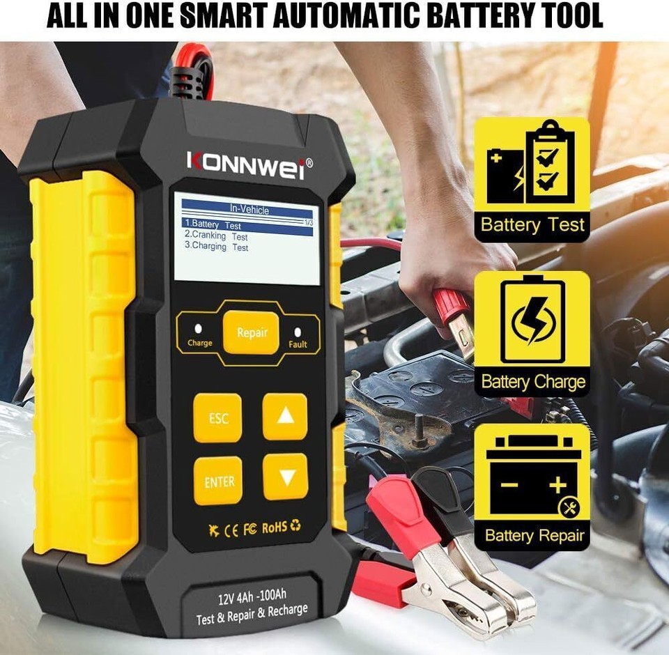 KONNWEI 3 in 1 Car Battery Charger Tester 12V 5-Amp Automatic Smart ...