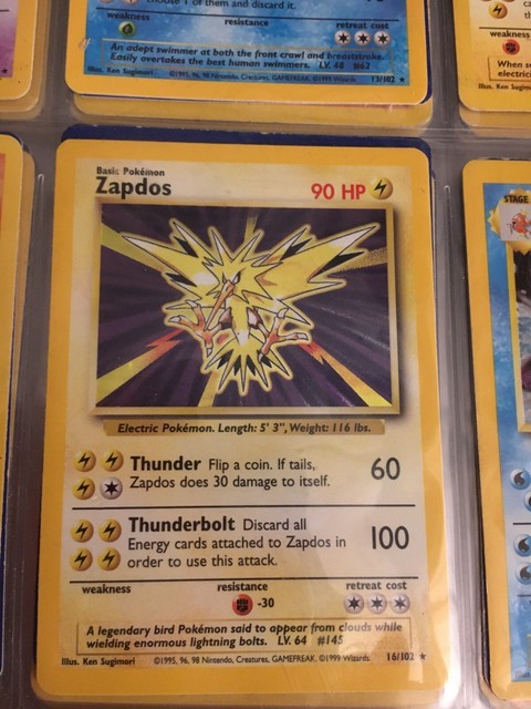 Pokémon TCG Zapdos Base Set 16/102 Holo Unlimited Holo Rare for sale ...