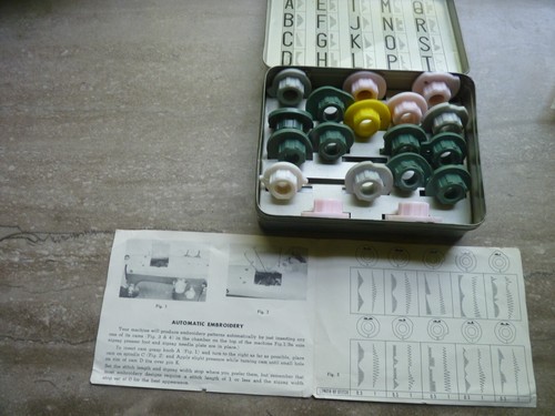 Decorative Sewing Machine Pattern Cams Set of 18 in Original Metal Case ...