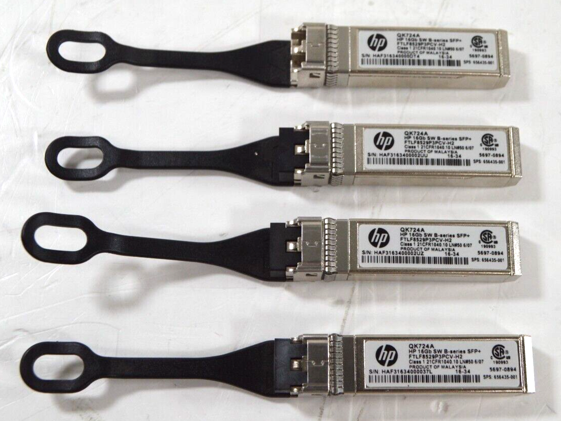 LOT OF 4 QK724A HP B-SERIES 16GB SFP+ SHORT WAVE TRANSCEIVER 656435-001 ...