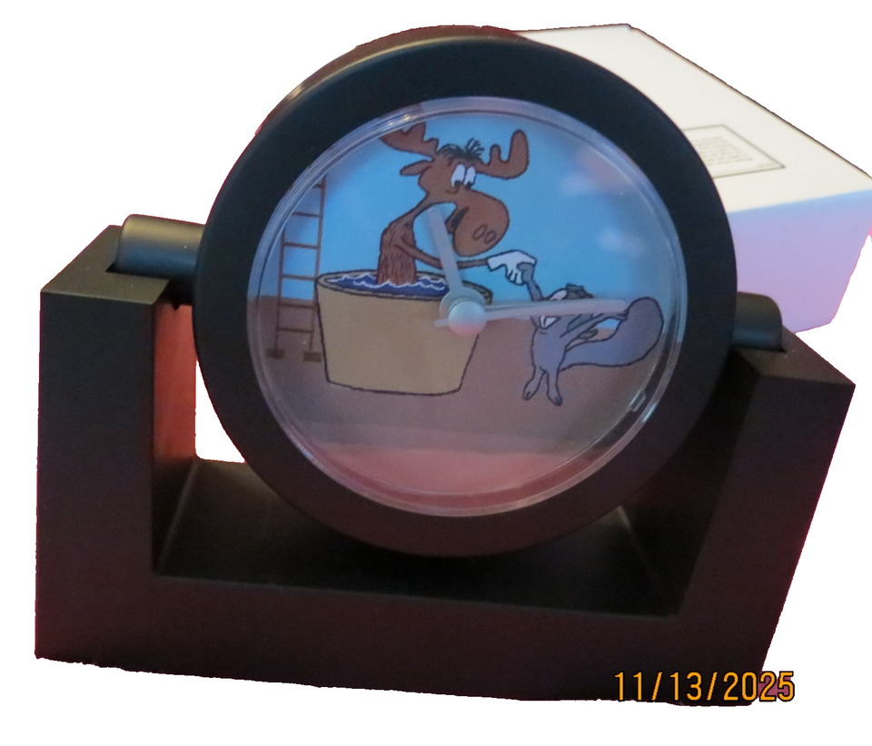 Vintage ROCKY & BULLWINKLE Desk Clock RARE 3 1/2” ROUND On STAND Tested ...