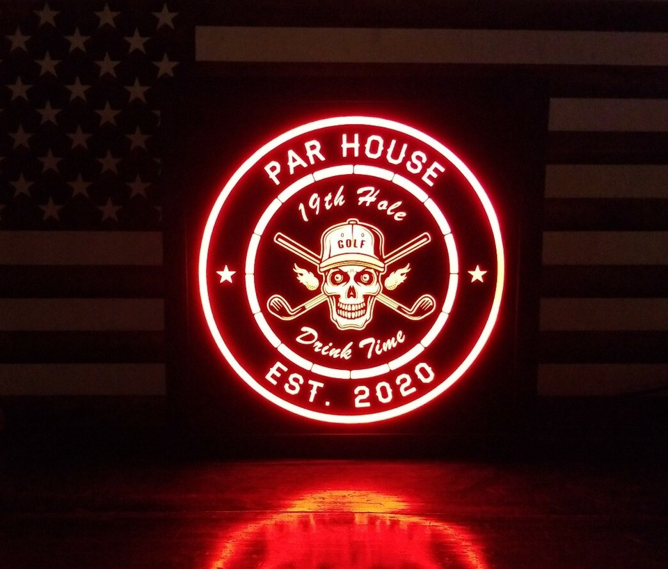 Custom Golf Bar LED Sign – 19th Hole Skull & Clubs – Par House Man Cave ...