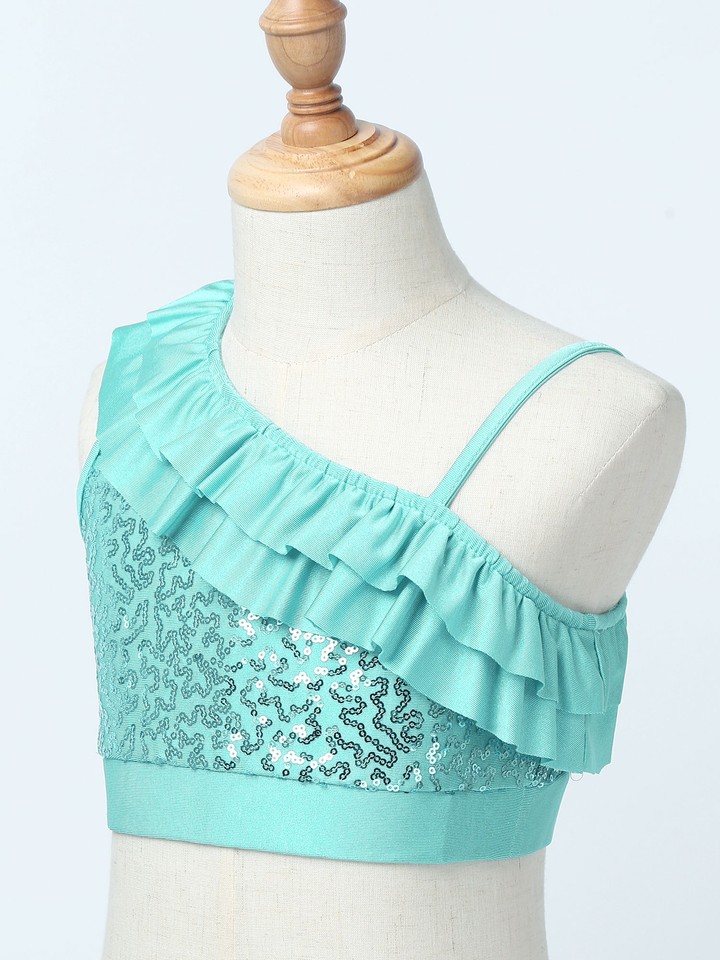 Girls Sequined Ruffled Ballet Dance Crop Top Modern Jazz One Shoulder ...