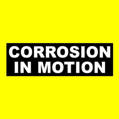 Funny "CORROSION IN MOTION" window decal BUMPER STICKER jalopy RAT ROD ...