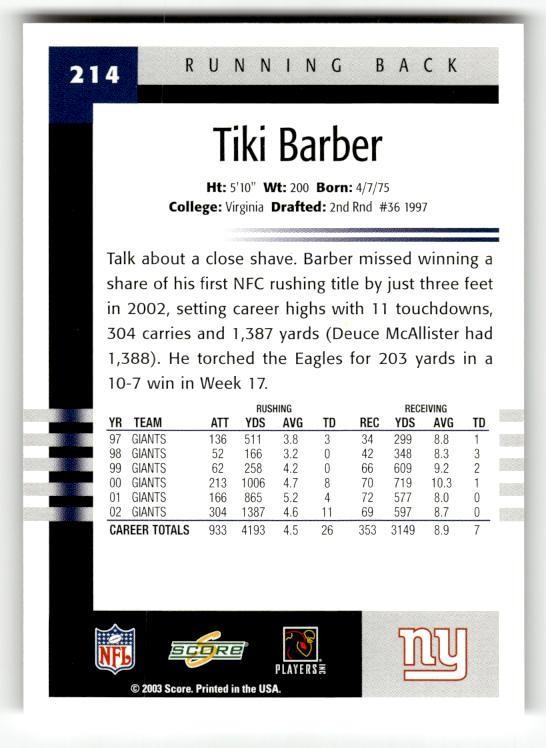 2003 Score #214 Tiki Barber Football Card | eBay
