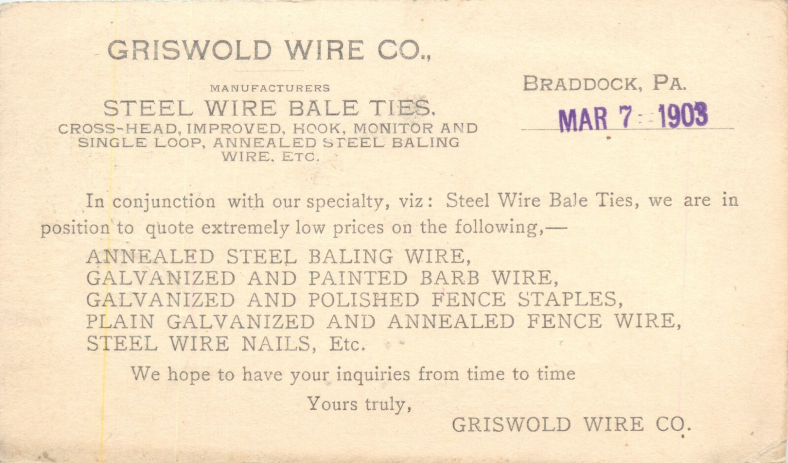 The Griswold Wire Company, Steel Wire Bale Ties, Braddock, Pennsylvania ...