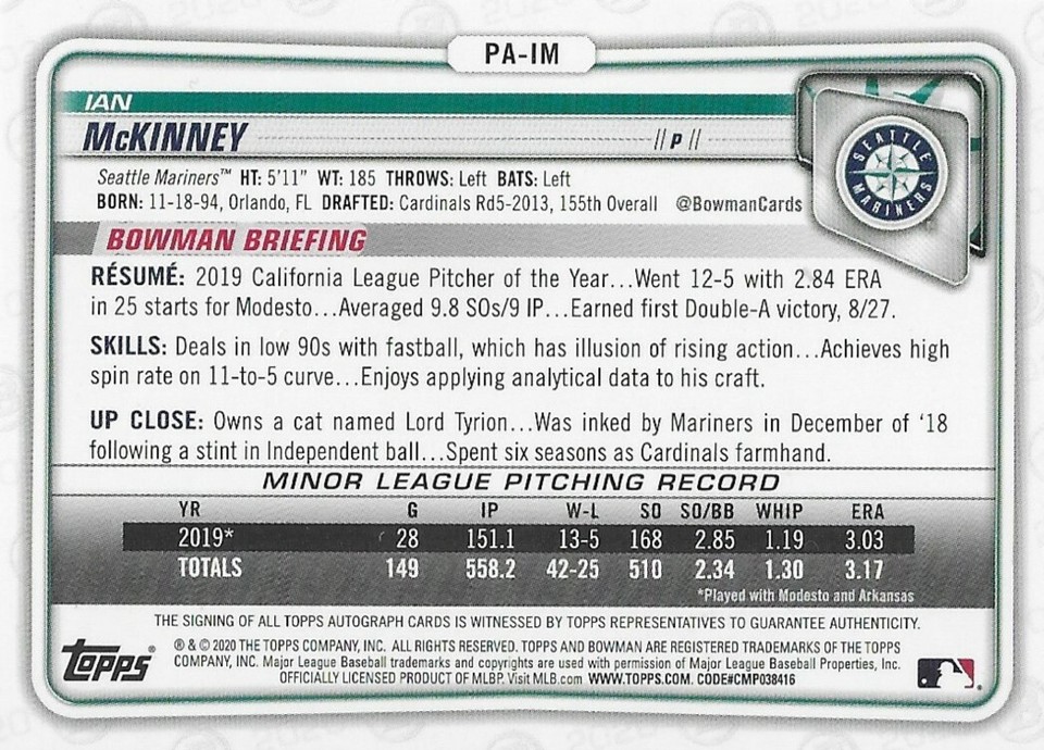 2020 BOWMAN IAN MCKINNEY BLUE PAPER AUTO 101/150 SEATTLE MARINERS PA-IM ...