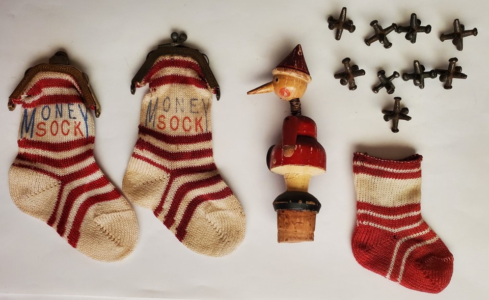 4 DIFF. OLD MONEY SOCK JACKS ANRI CORK FIGURE SEASONS GREETINGS MERRY ...