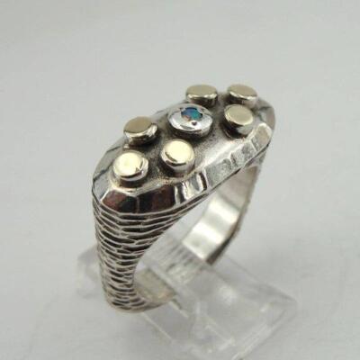 Hadar Designers Blue Opal Ring Handmade 9k Yellow Gold 925 Silver 6.5 ...
