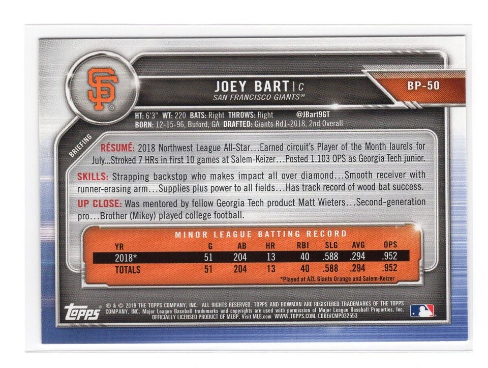 Baseball Card - 2019 Joey Bart BP-50 - San Francisco Giants Bowman 1st ...