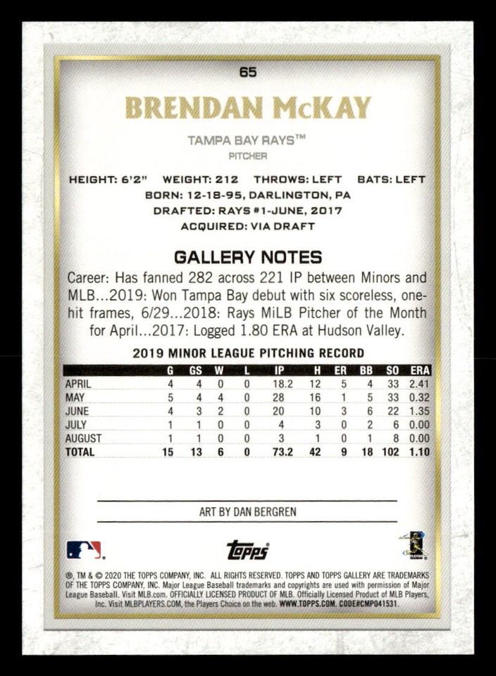 Brendan McKay 2020 Topps Gallery Card #65 Tampa Bay Rays | eBay