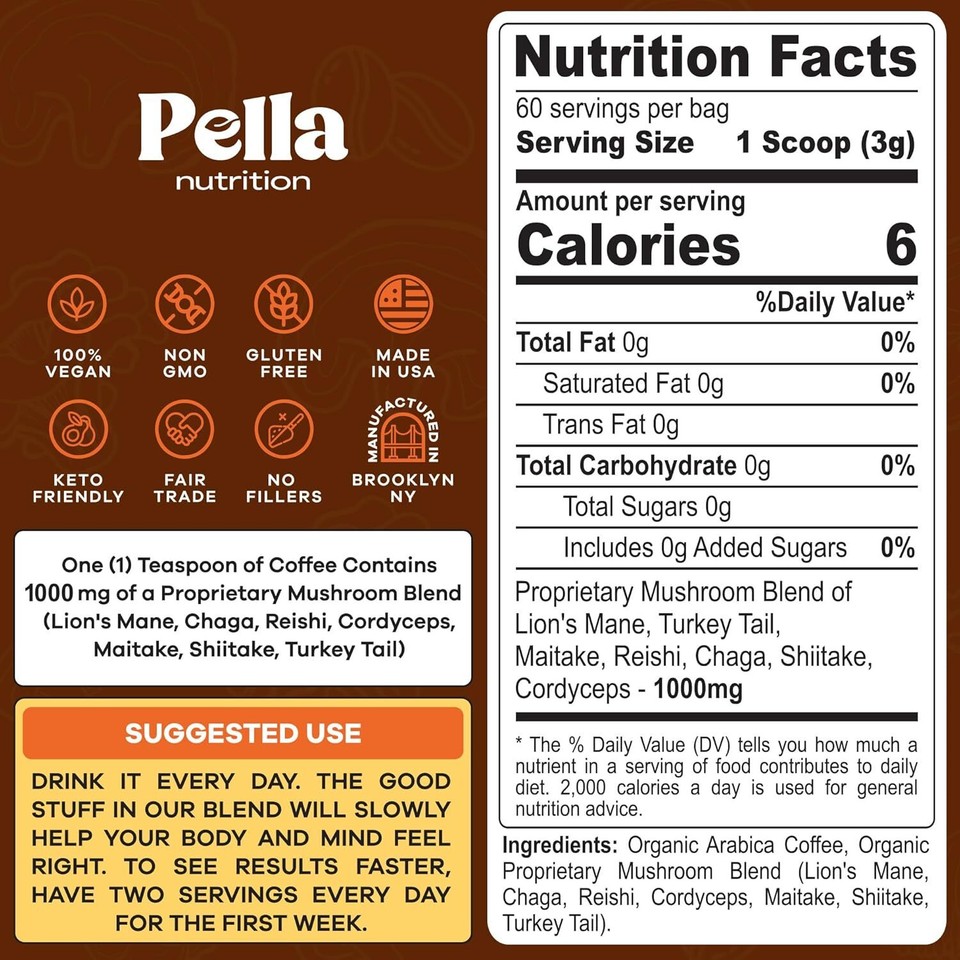 Pella Nutrition Organic Mushroom Instant Coffee (60 Servings) with 7 ...