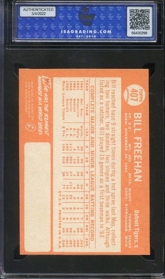 1964 TOPPS #407 BILL FREEHAN ISA 8 TIGERS CENTERED *ADT5244 | eBay