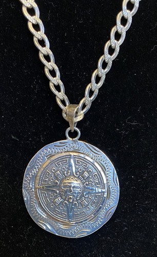 925 Mexico Sterling Silver Sun Aztec Calendar Double Sided Pendant 24 ...