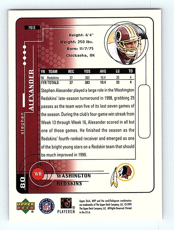 1999 Upper Sport Mvp Stephen Alexander Washington Redskins #193 | eBay