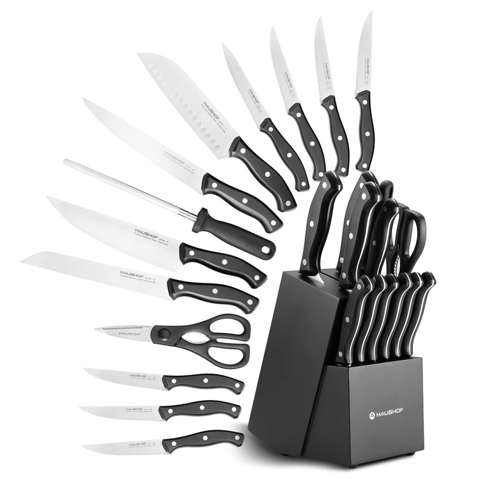 HAUSHOF 14 PCS Kitchen Knife Set With Block Wooden Razor-Sharp ...