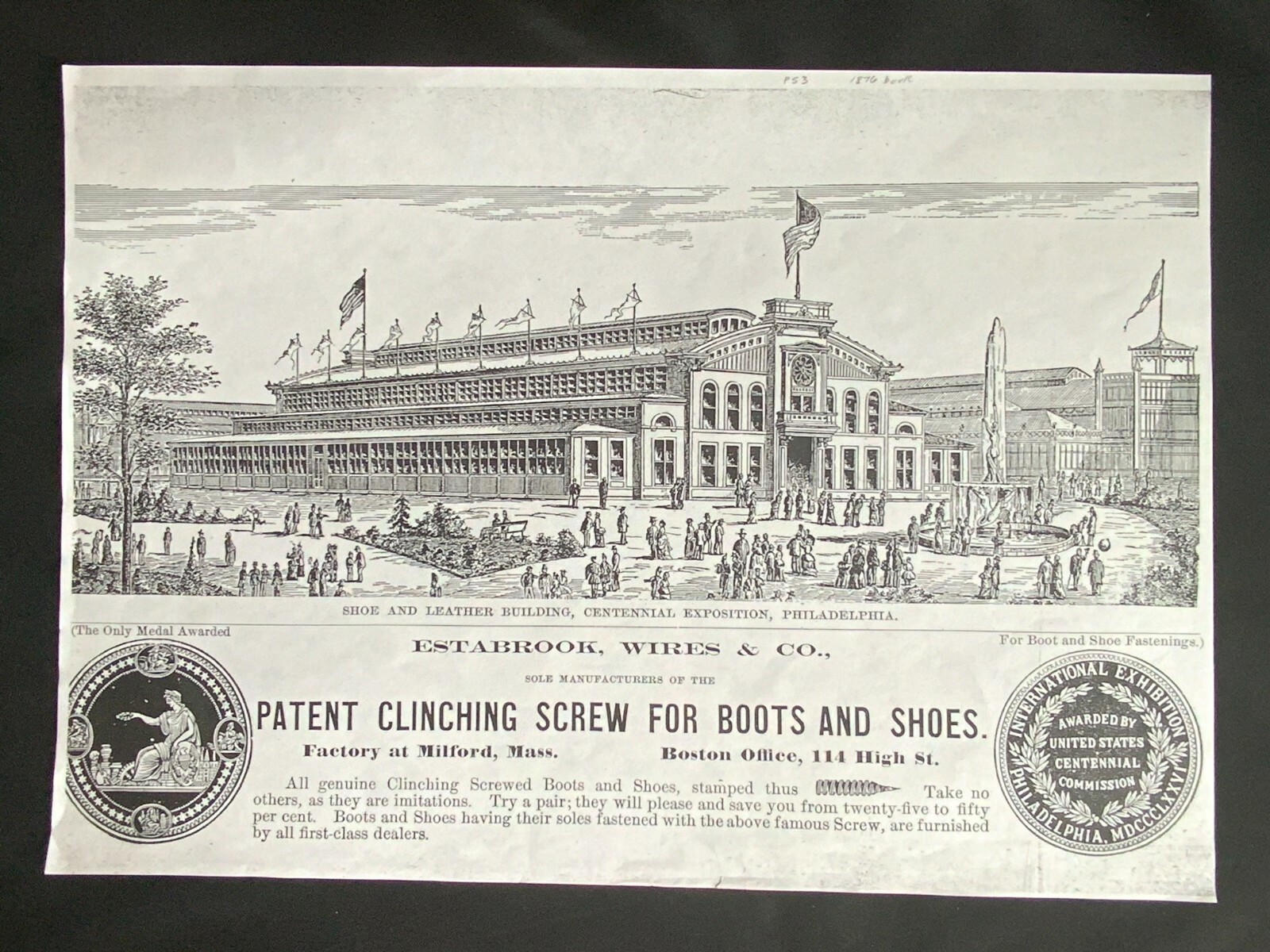 REPRODUCTION 1876 Centennial Exhibition Drawing Print ~ Shoe & Leather ...