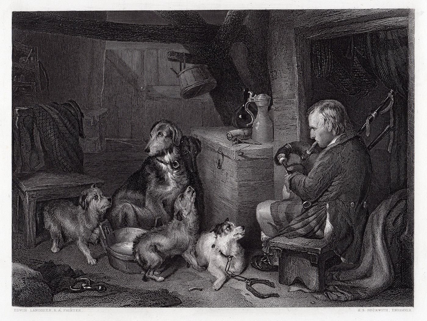 SIGNED 1800s Edwin LANDSEER Engraving "The Bagpipe Player & Dogs ...