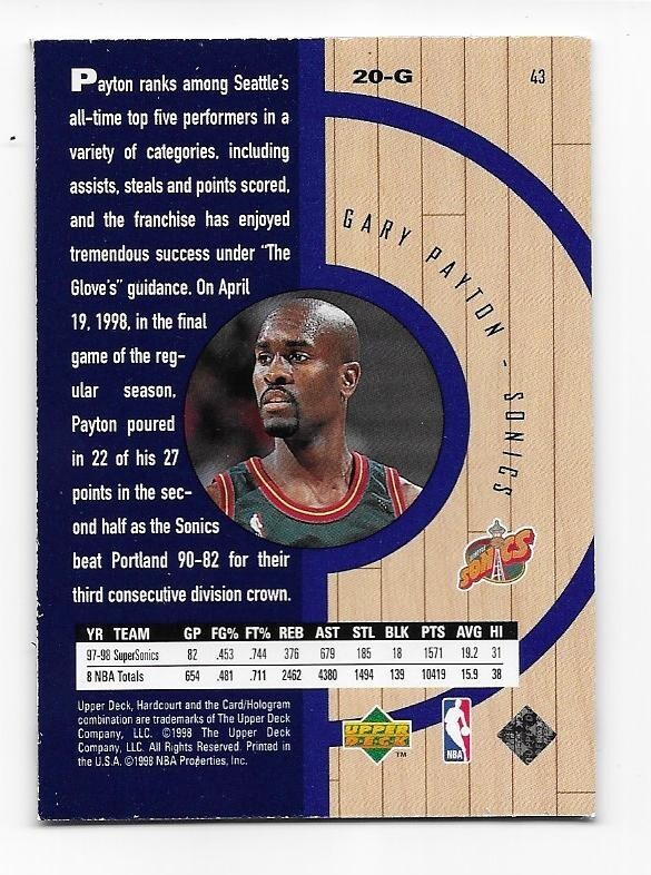 Gary Payton 1998-99 Upper Deck Hardcourt #43 Home Court Advantage ...