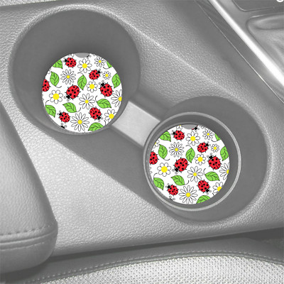 LADYBUGS & DAISIES FLORAL CUSTOM SANDSTONE CAR COASTERS ABSORBENT SET ...