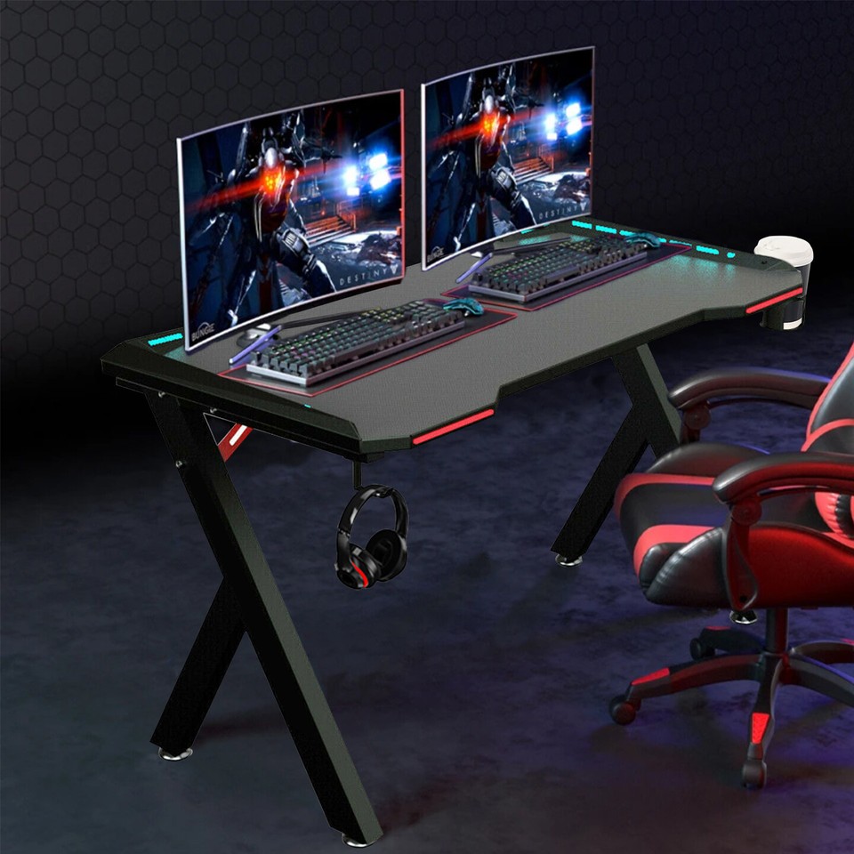 XXL Gaming Desk RGB LED Computer Racing Table Carbon Fiber PC Gamer ...