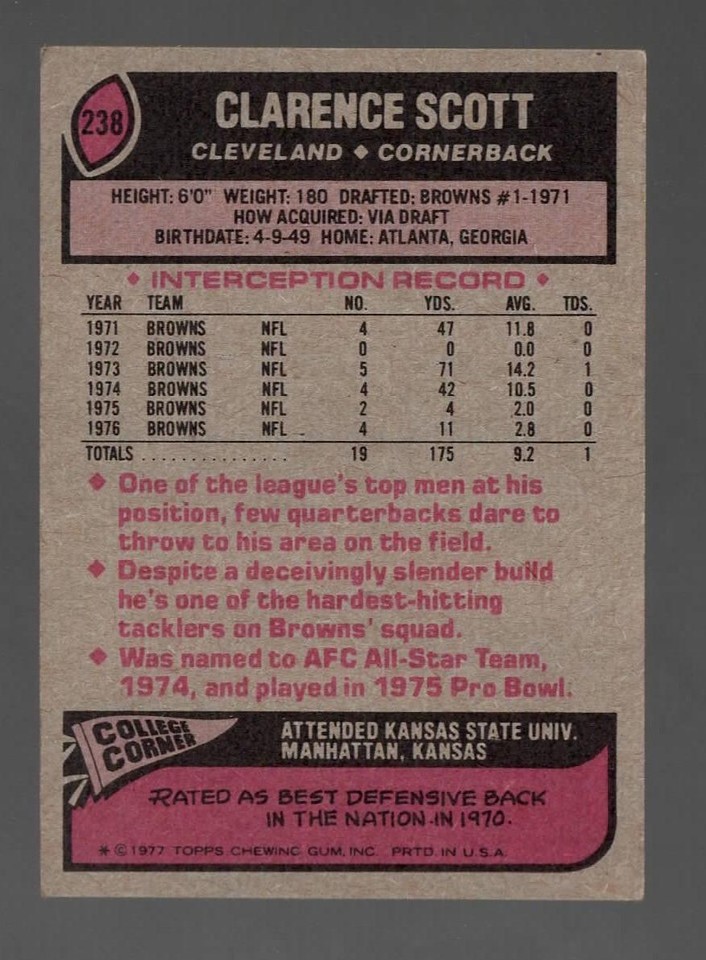 1977 Topps Clarence Scott Cleveland Browns #238 Excellent | eBay