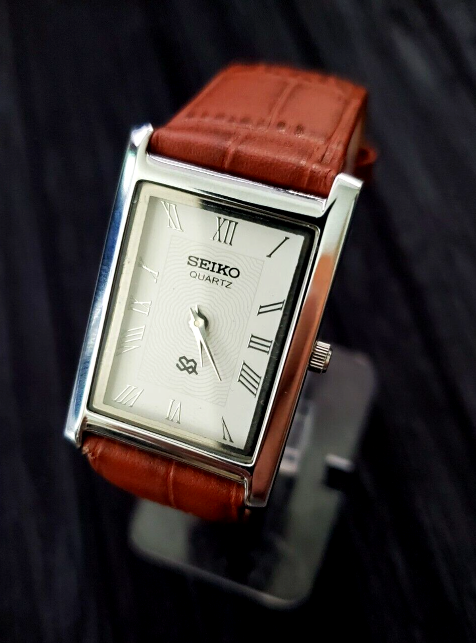 RARE NOS Seiko Men Tank Rectangular Gorgeous White Dial Leather band ...