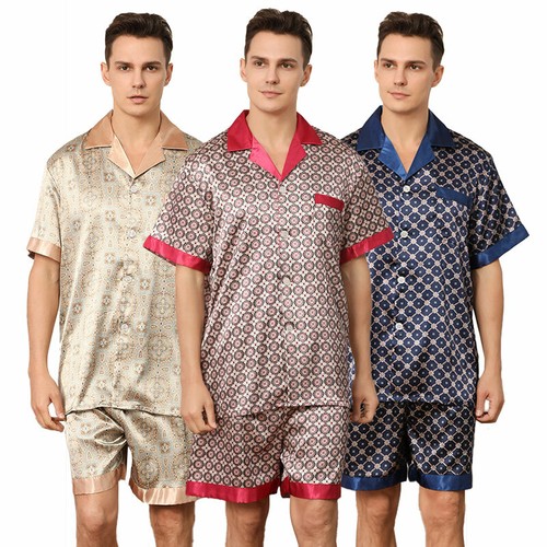 UK Mens Pyjama Set Satin Silk Pajamas Suit Dressing Gown Summer Pjs ...