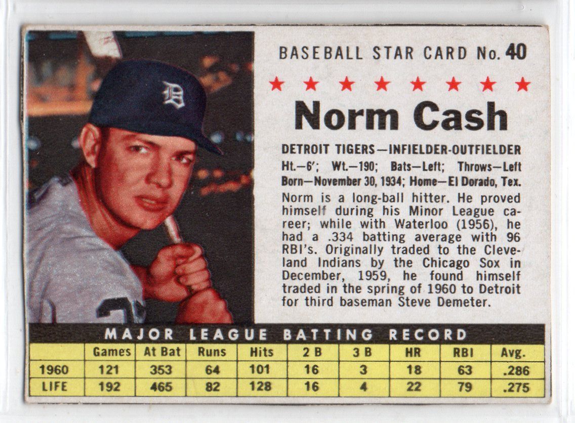 Norm Cash 1961 Post #40 Tigers Hand Cut VG-EX (902) | eBay