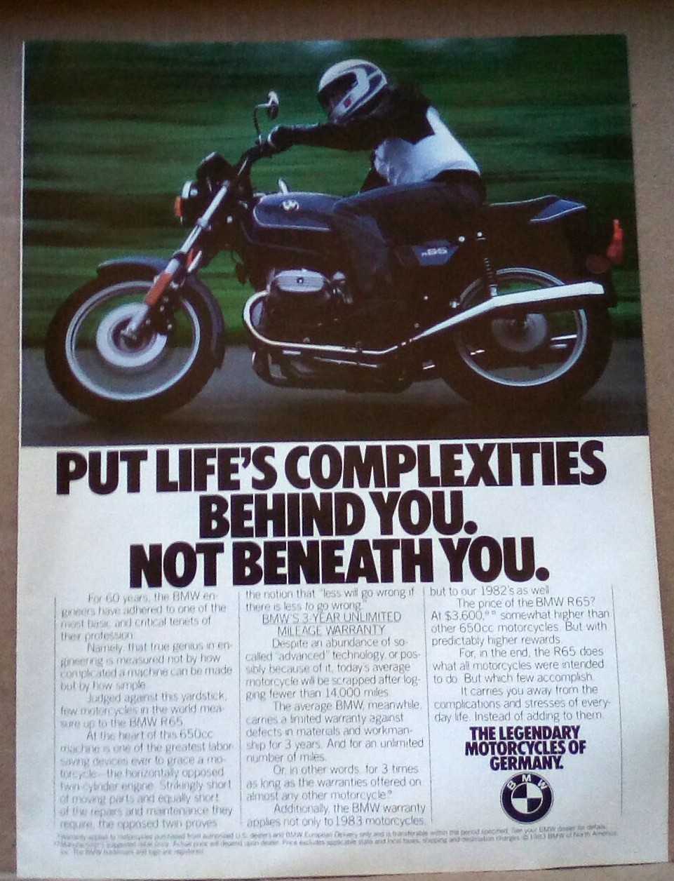 1983 BMW R65 650cc Motorcycle Print Ad - Put Life's Complexities Behind ...