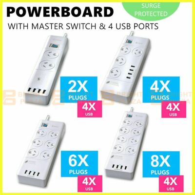 2/4/6/8 Way Outlet Power Board Powerboard Sockets + USB Output Surge ...