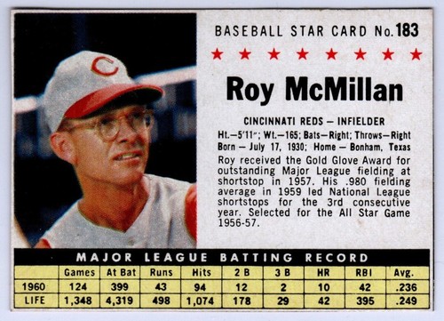 1961 Post Cereal Card #183 Roy McMillan - Cincinnati Reds - SHORT PRINT ...