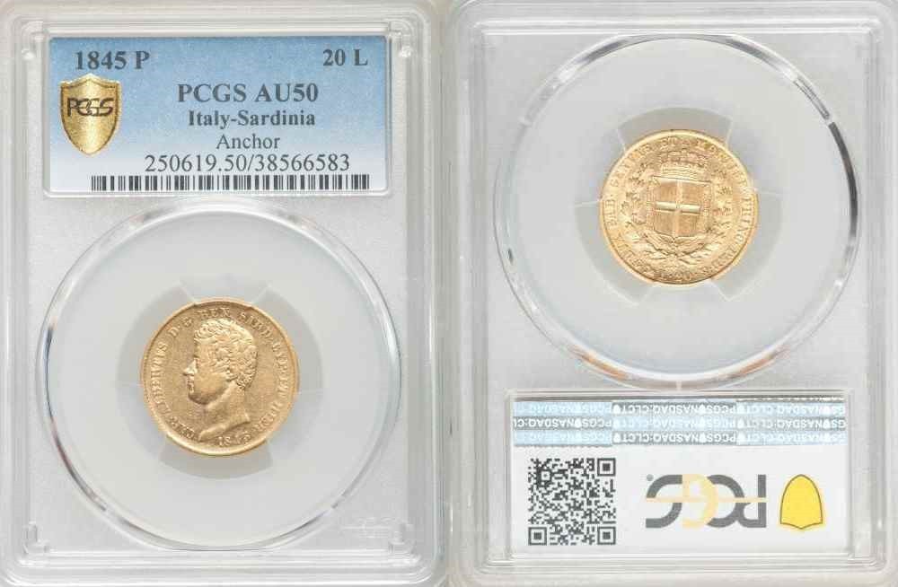 1845 P Gold Coin Sardinia Italy 20 Lire King Carlo Alberto KM# 131.1 ...
