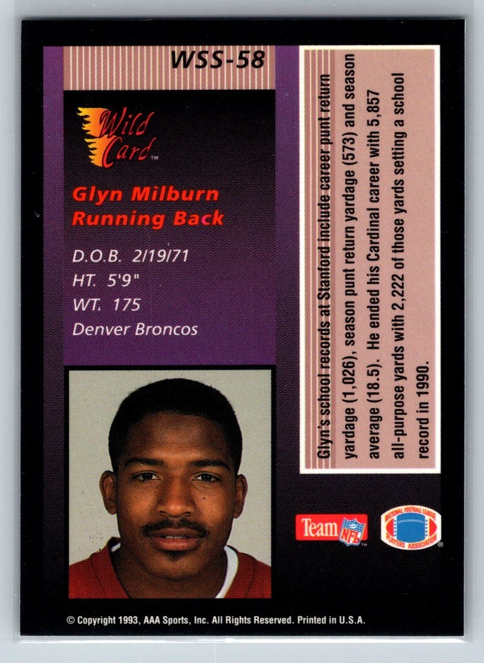 1993 Wild Card Glyn Milburn Rookie Stat Smashers Gold Parallel Broncos ...