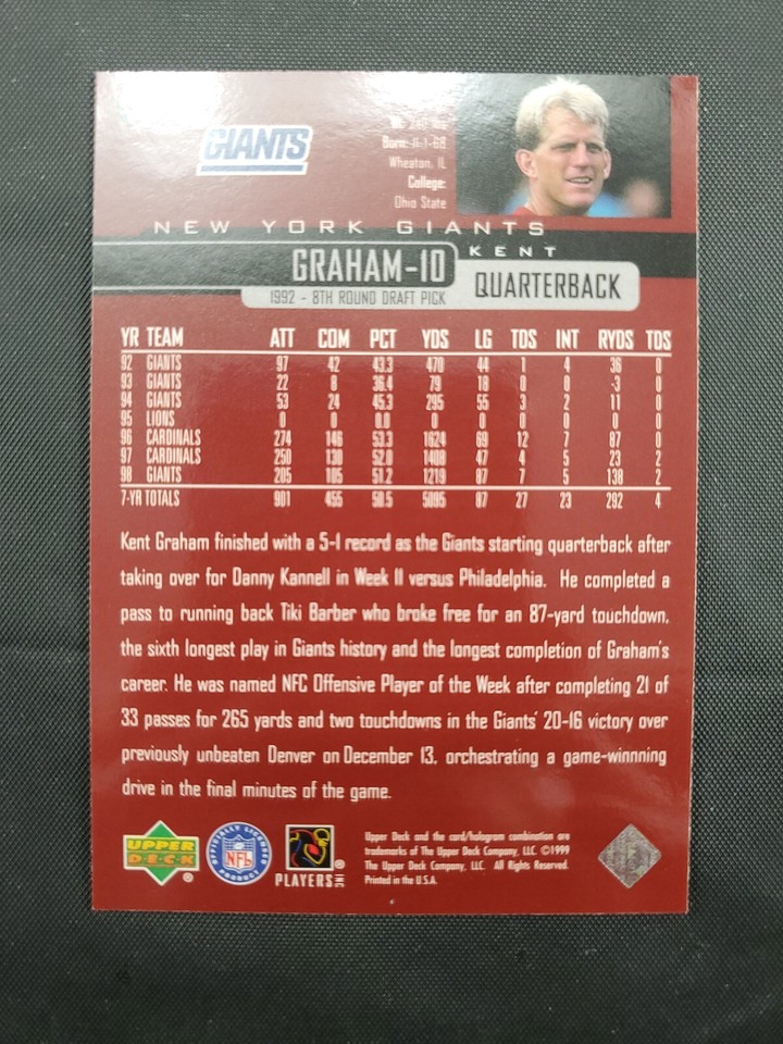 1999 Upper Deck Football Card Kent Graham Giants #137 FAST SHIPPING! | eBay
