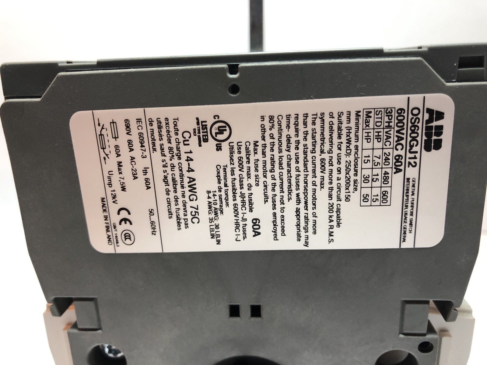 ABB OS60GJ12, 3Pole 60A 3PH 600V 15HP Fusible Disconnect Switch W/JLS ...