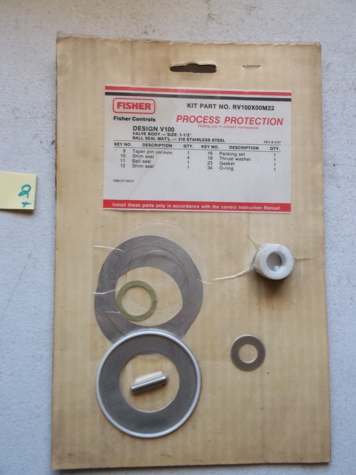 NEW IN PKG FISHER VALVE BODY REPAIR KIT DESIGN V100 1-1/2" RV100X00M22 ...