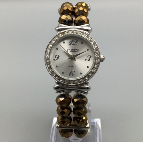 Studio Time Watch Women 28mm Crystal Silver Gold Tone Beaded Band New ...