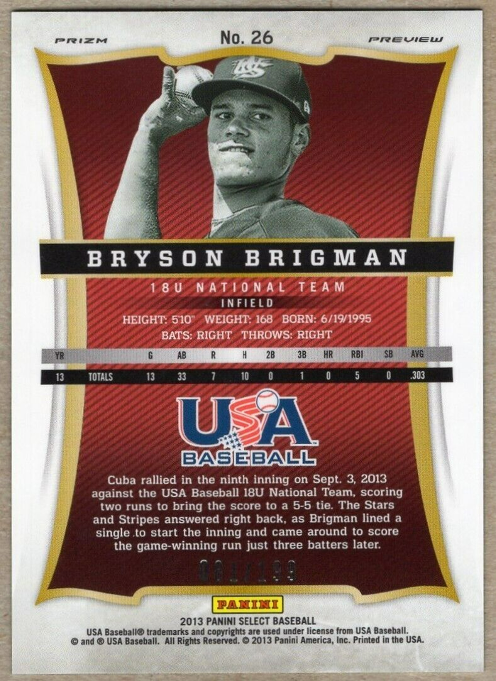 BRYSON BRIGMAN - 2013 PANINI SELECT USA BASEBALL PREVIEW BLUE PRIZM RC ...
