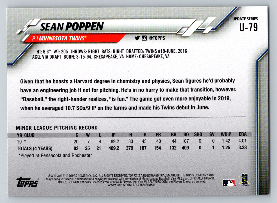 2020 Topps Update #U-79 Sean Poppen Minnesota Twins Rookie Baseball ...