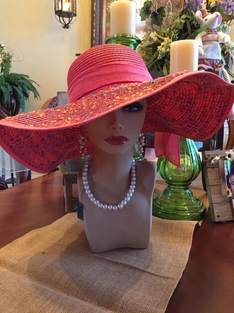 Coral Colored Straw Hat with Ribbon and Confetti Details Aprox. 19" | eBay