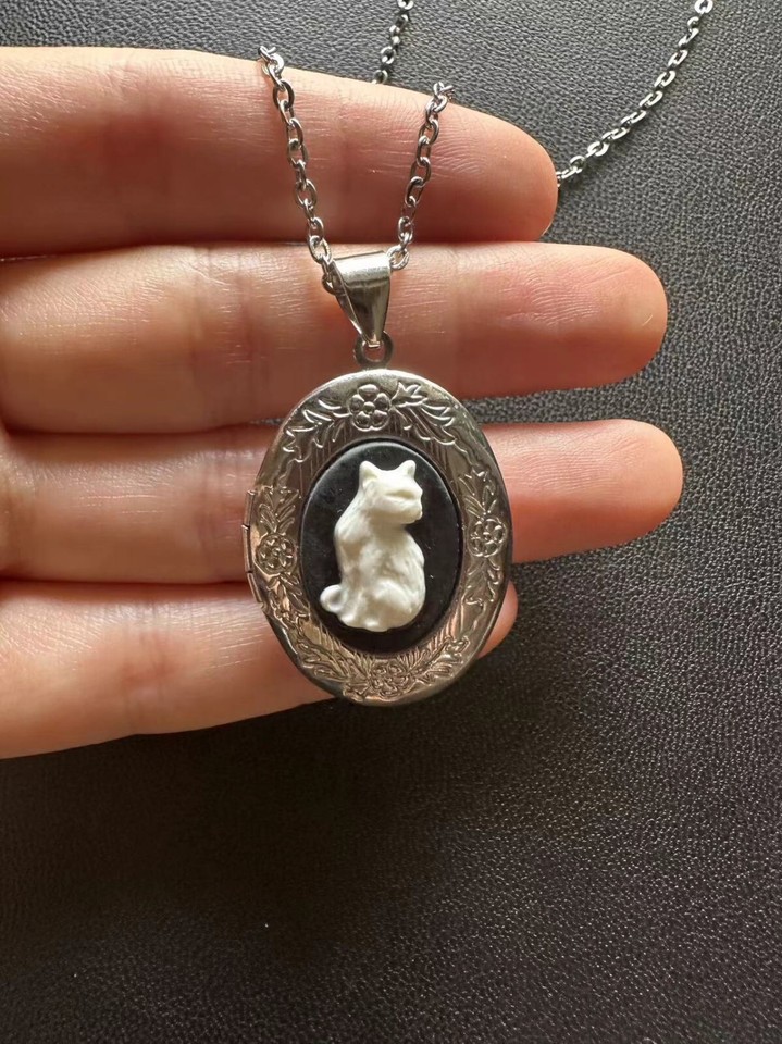 Cameo Mini White Cat Locket Pendant Silver Tone Locket Photo Necklace ...